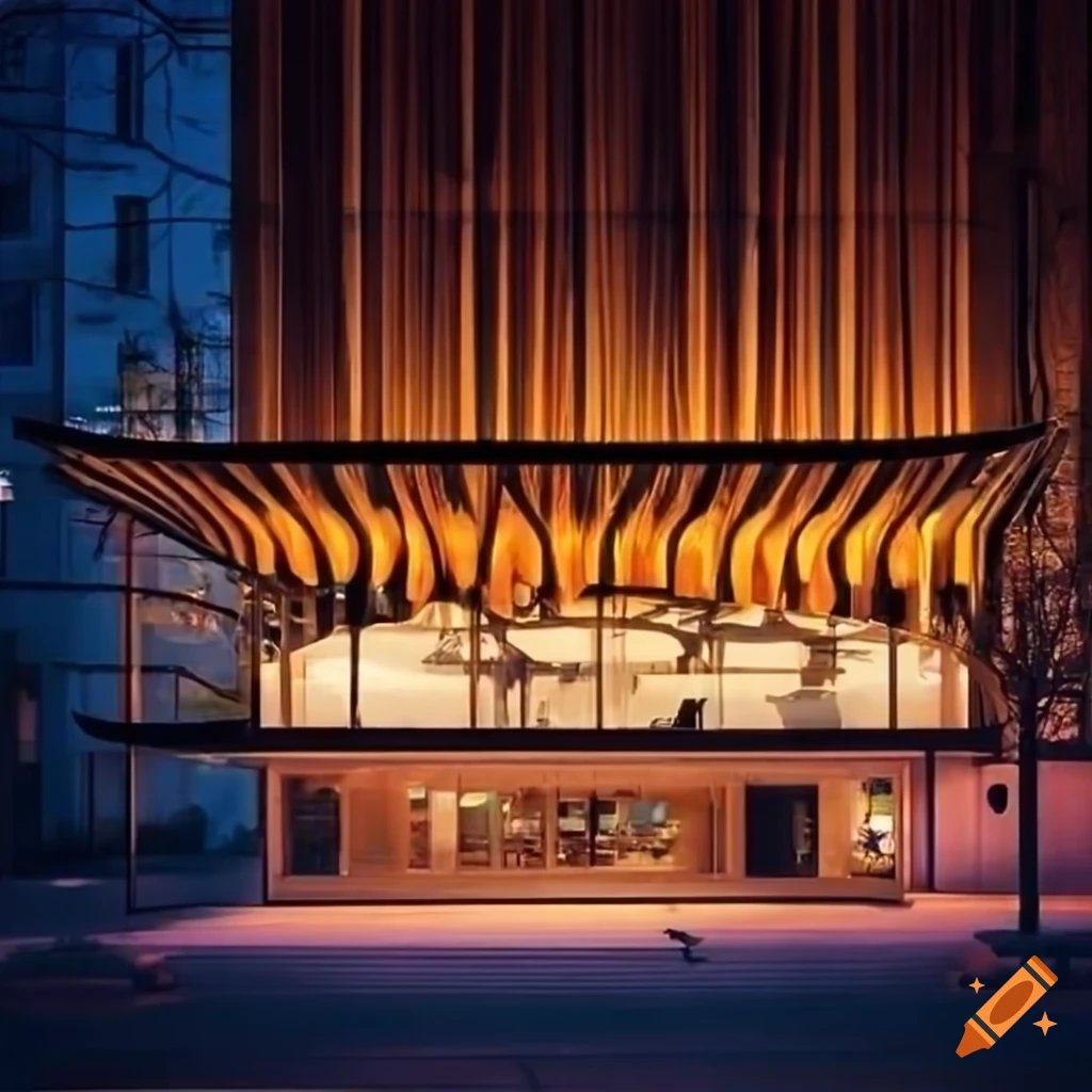 Exterior view of a Riverside sleek Japanese cafe made of colored glass ...