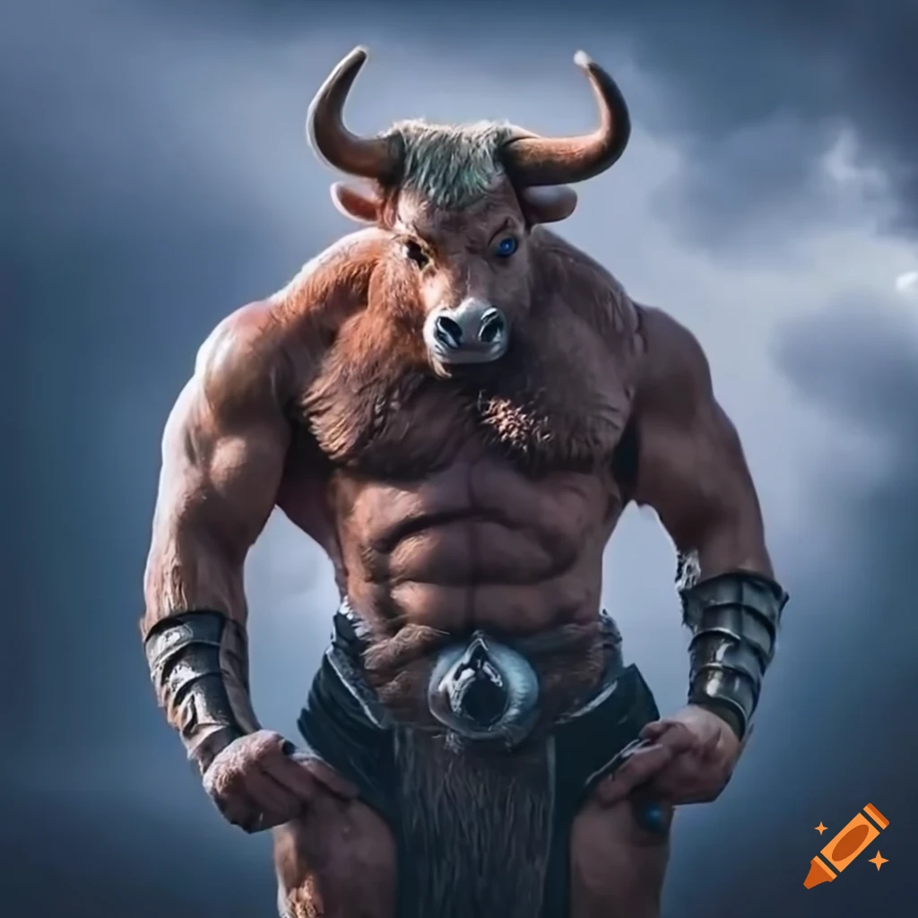 A powerful Minotaur Warrior standing in a thunderstorm in a forest ...