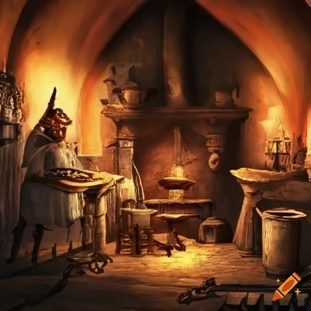 An elaborate forge in a fantastical medieval setting on Craiyon