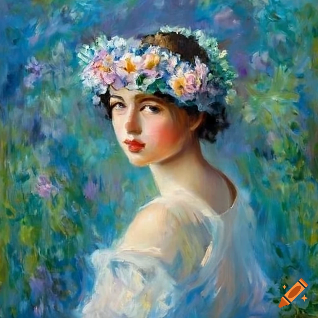 A graceful girl with a flower crown in a monet painting