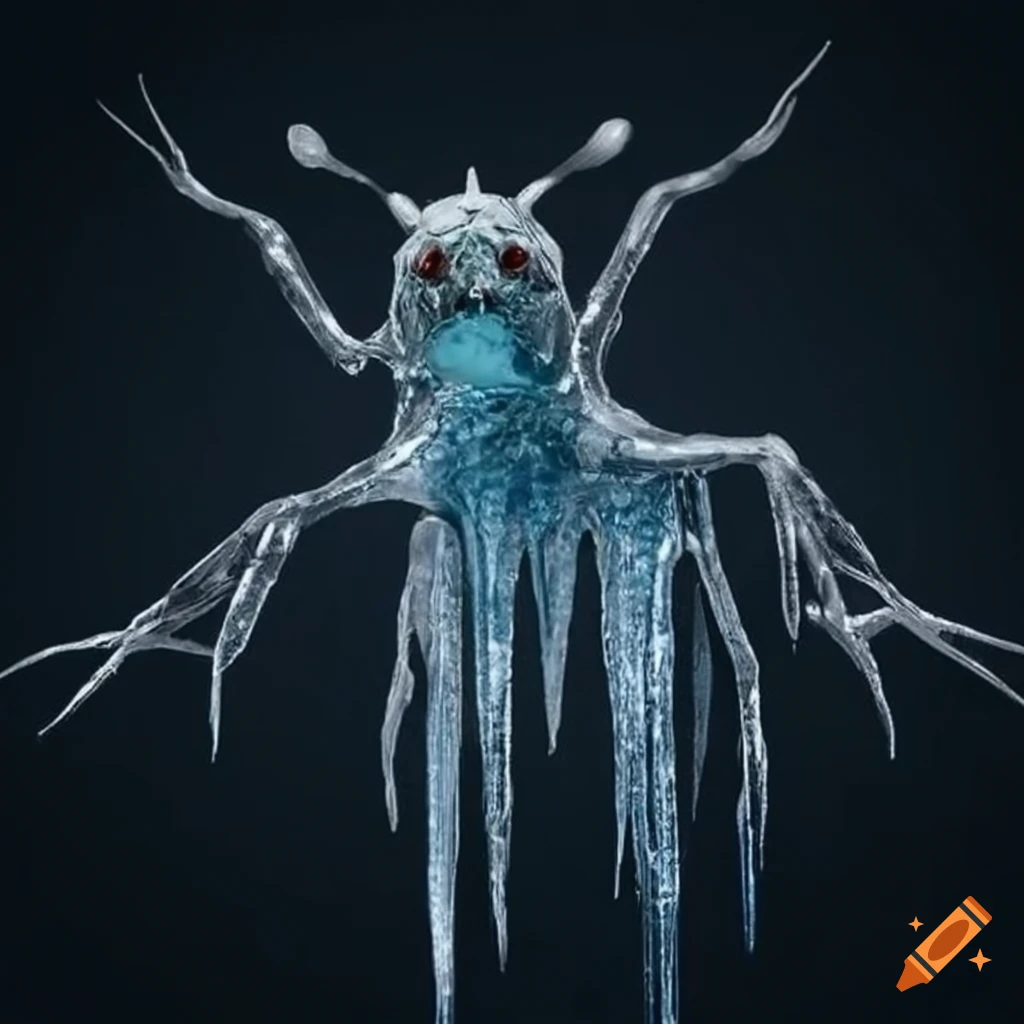 A scary ice beast made of thin transparent icicles. it's the shape of a ...