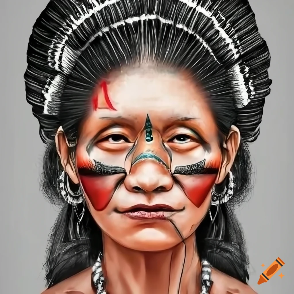 Rostro de mujer indígena en tonos monocromáticos (blancos, negros, grises) al estilo de rostros ...