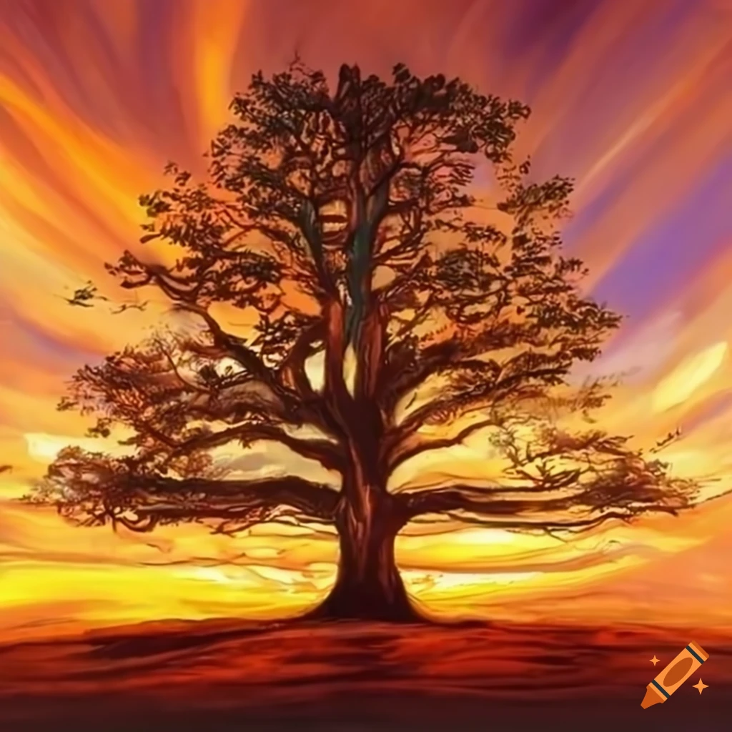 A stunning painting of a majestic koa tree at sunset