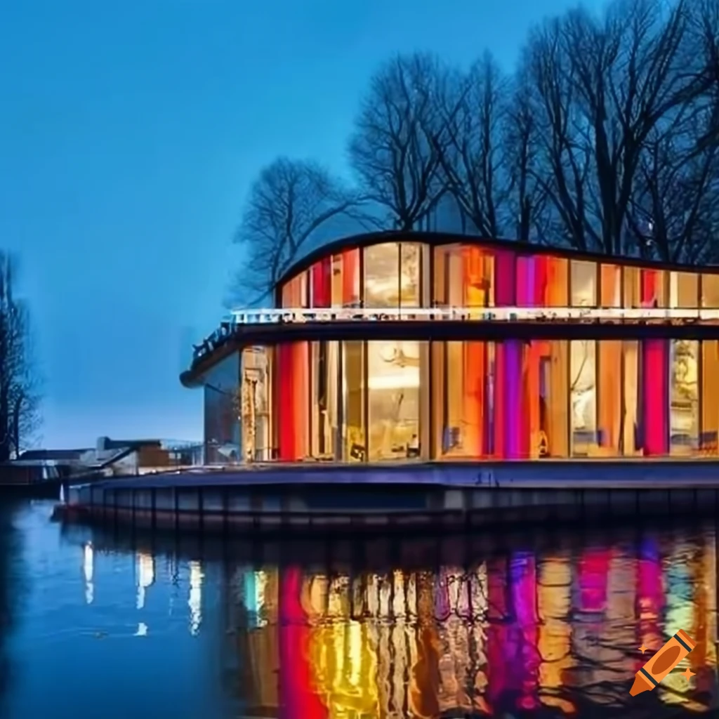Exterior view of a riverside scandinavian cafe made of colored glass ...