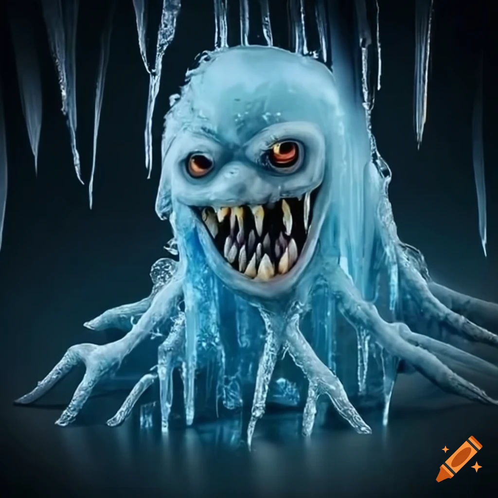 A scary ice monster made of thin transparent icicles. It has a big ...