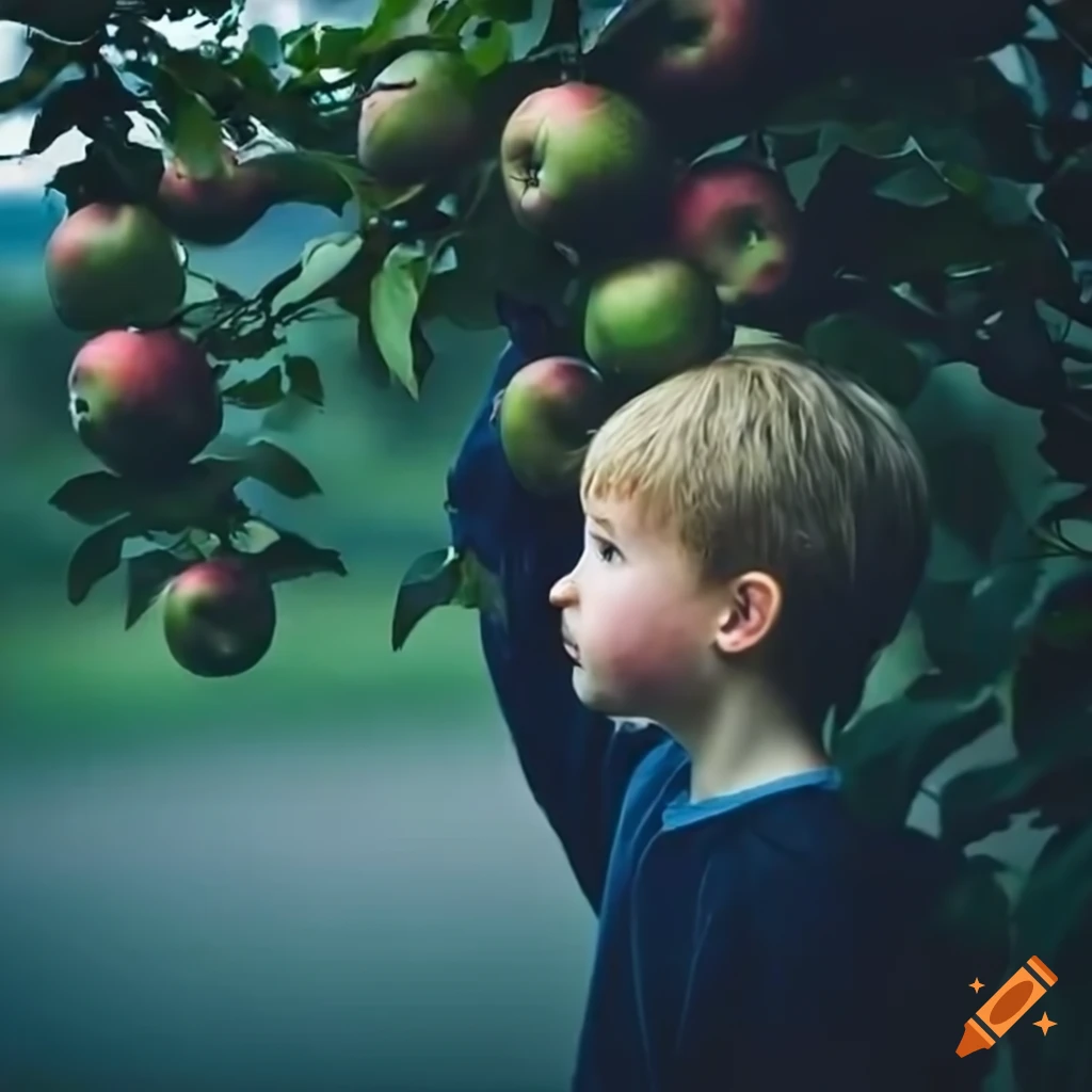 A boy looking at the apple tree in a dark weather