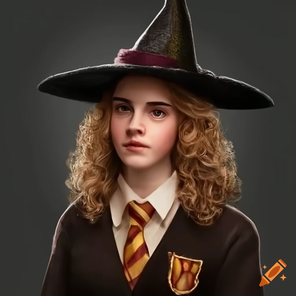 Photorealistic image of Hermione Granger in Hogwarts with witch hat on ...