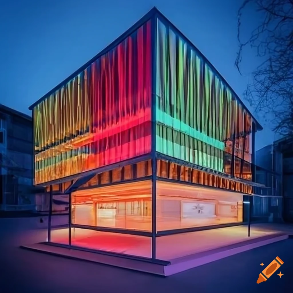 Exterior view of a Riverside sleek Japanese cafe made of colored glass ...