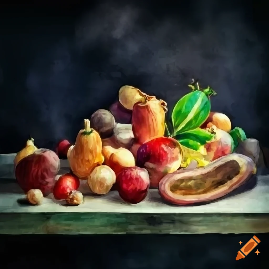 Artistic watercolor of a table piled with healthy foods. dark background