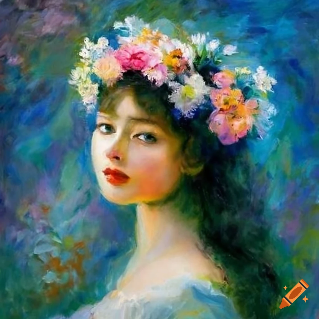 A graceful girl with a flower crown in a monet painting