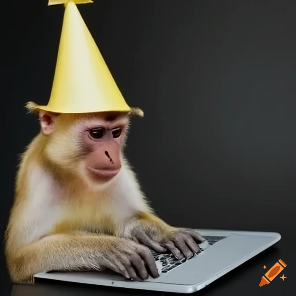 Monkey doing taxes on a laptop wearing a dunce hat on Craiyon