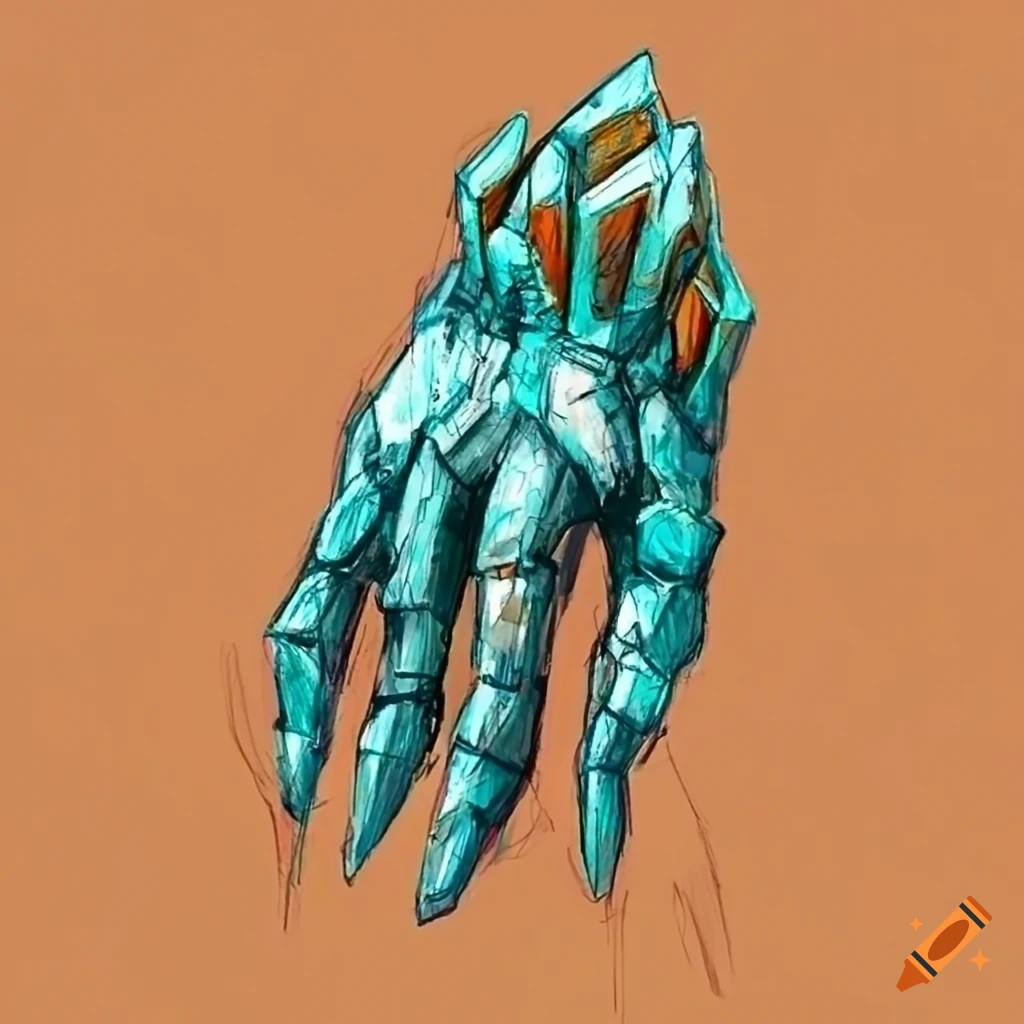 Magma-cracked cyan crystal golem hand (Sci-fi realism rough sketch art ...