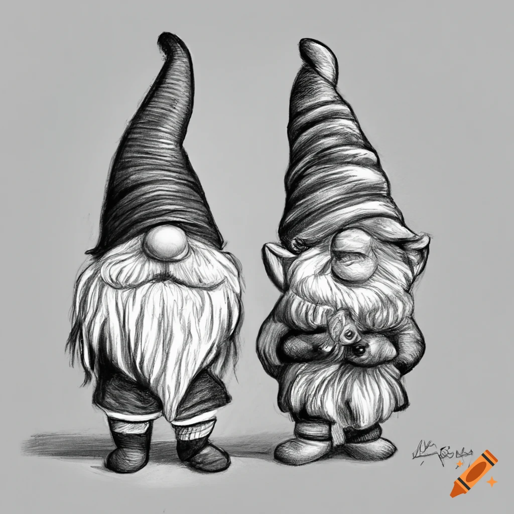 Several gnomes side by side, line drawing on Craiyon