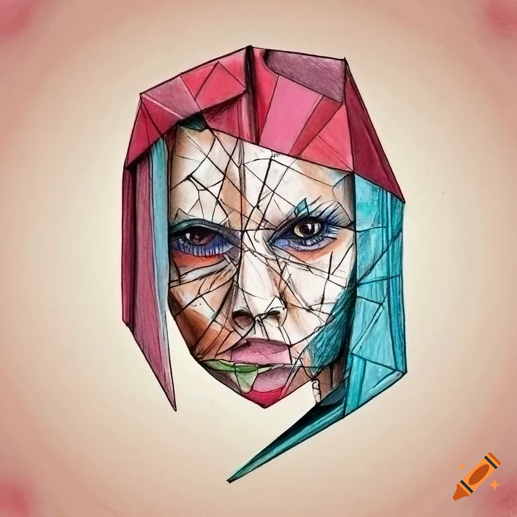 Pencil drawing color of origami face in style of heavy metal magazine ...