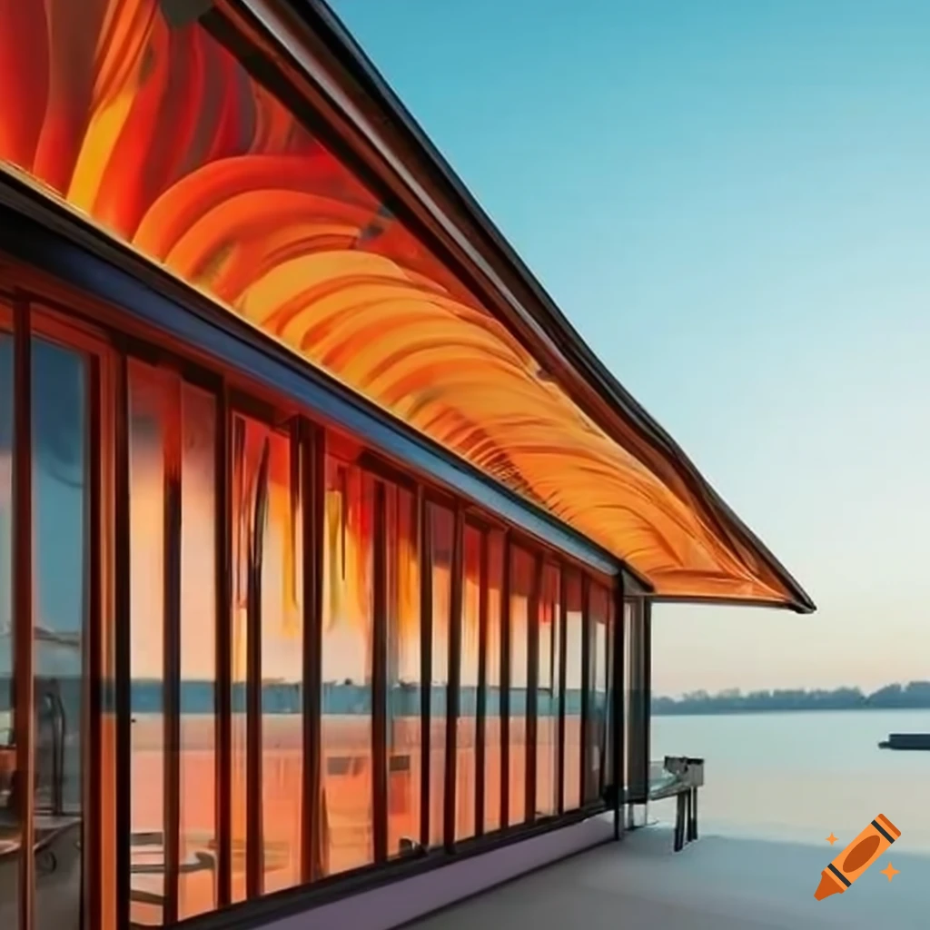 Exterior view of a riverside scandinavian cafe made of colored glass ...