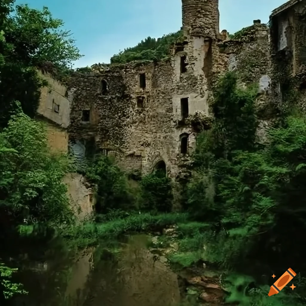 Overgrown ruins of limoux village (france), reclaimed by nature after disaster, and with aude ...