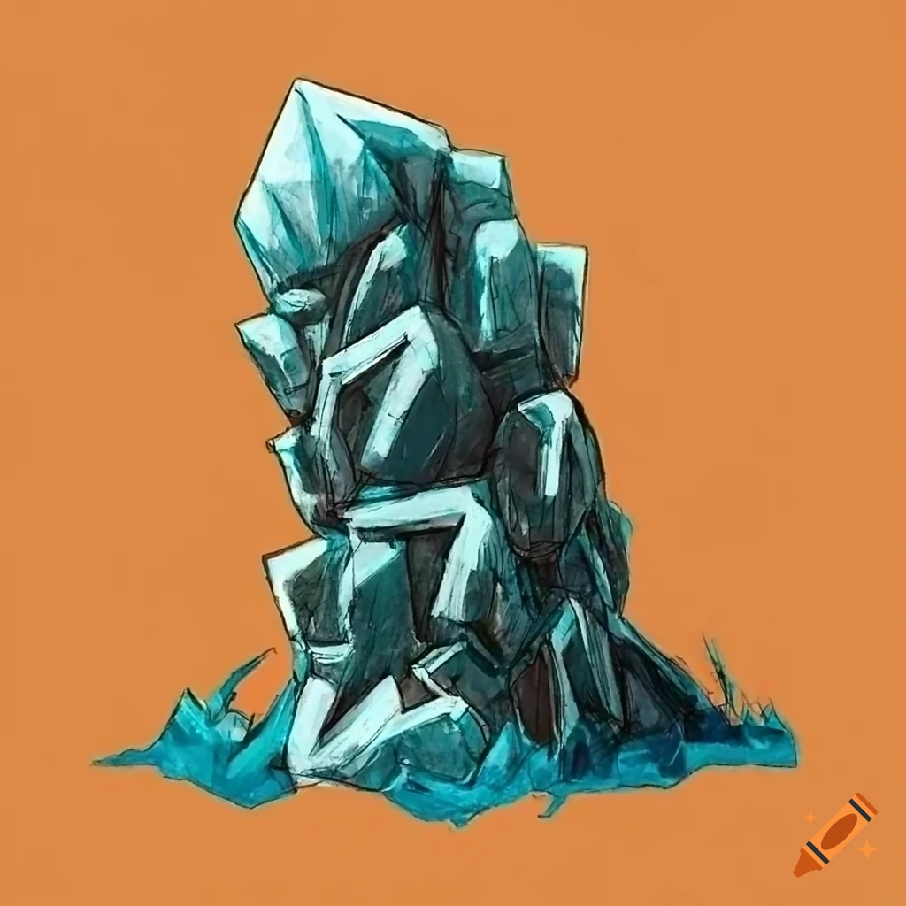 Magma-cracked cyan crystal golem pillar (Sci-fi realism rough sketch ...