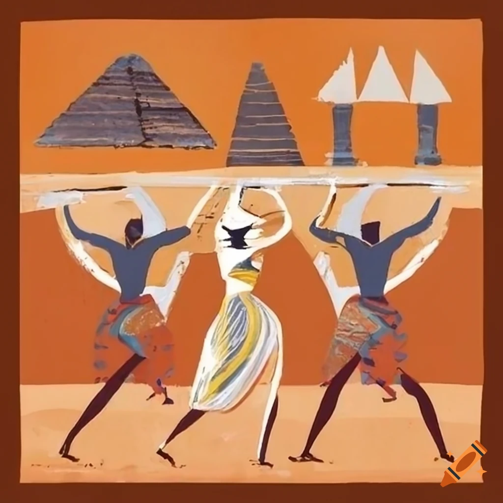 Abstract artwork inspired by egyptian culture, featuring pyramids and ...