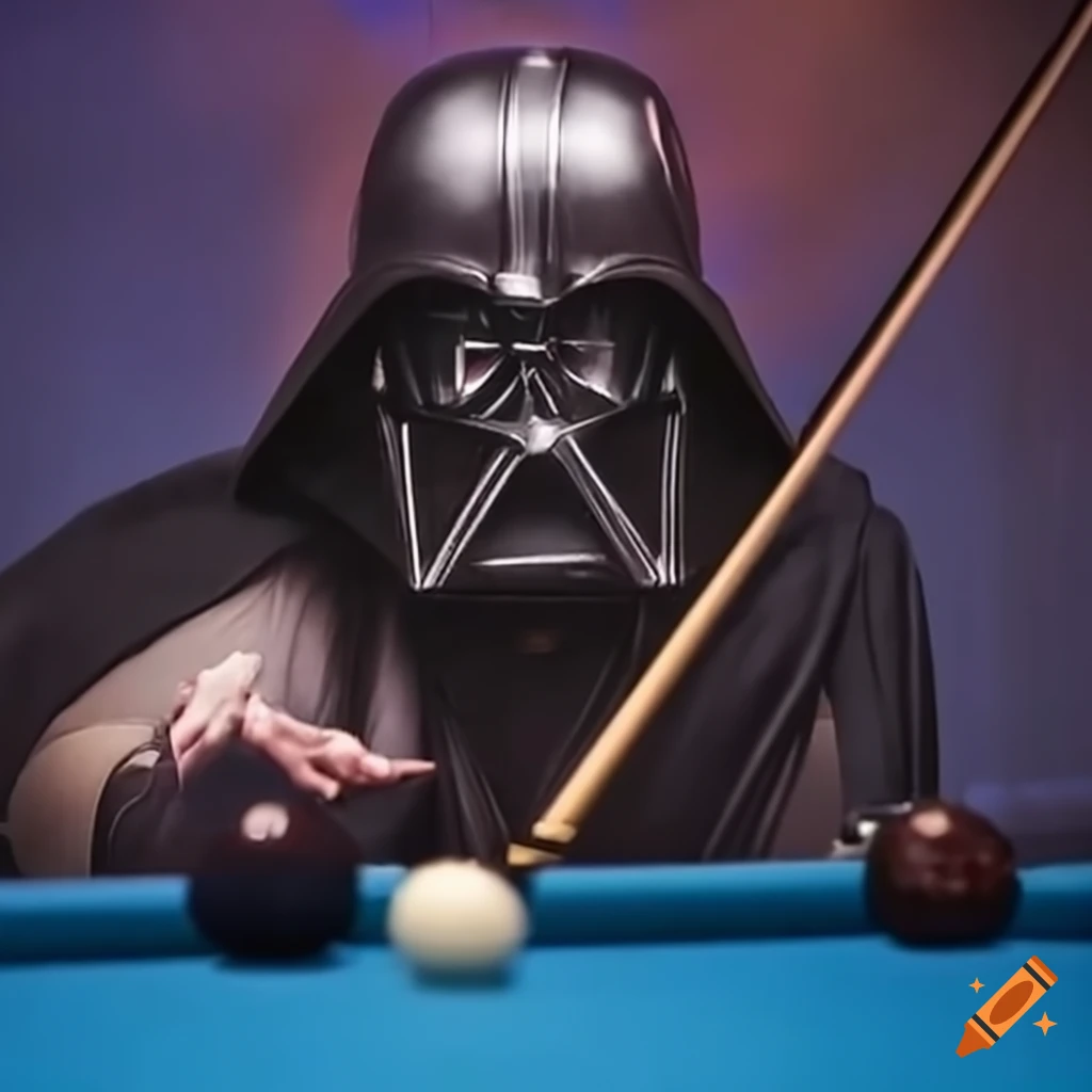 Darth vader playing pool in a geek themed bar on Craiyon