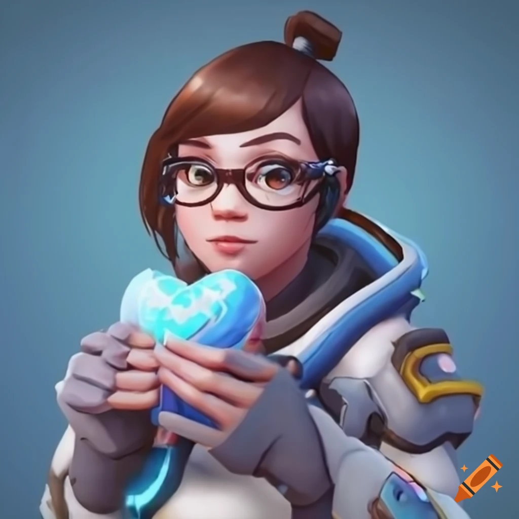 Mei, a character from overwatch, holding a heart-shaped ice block