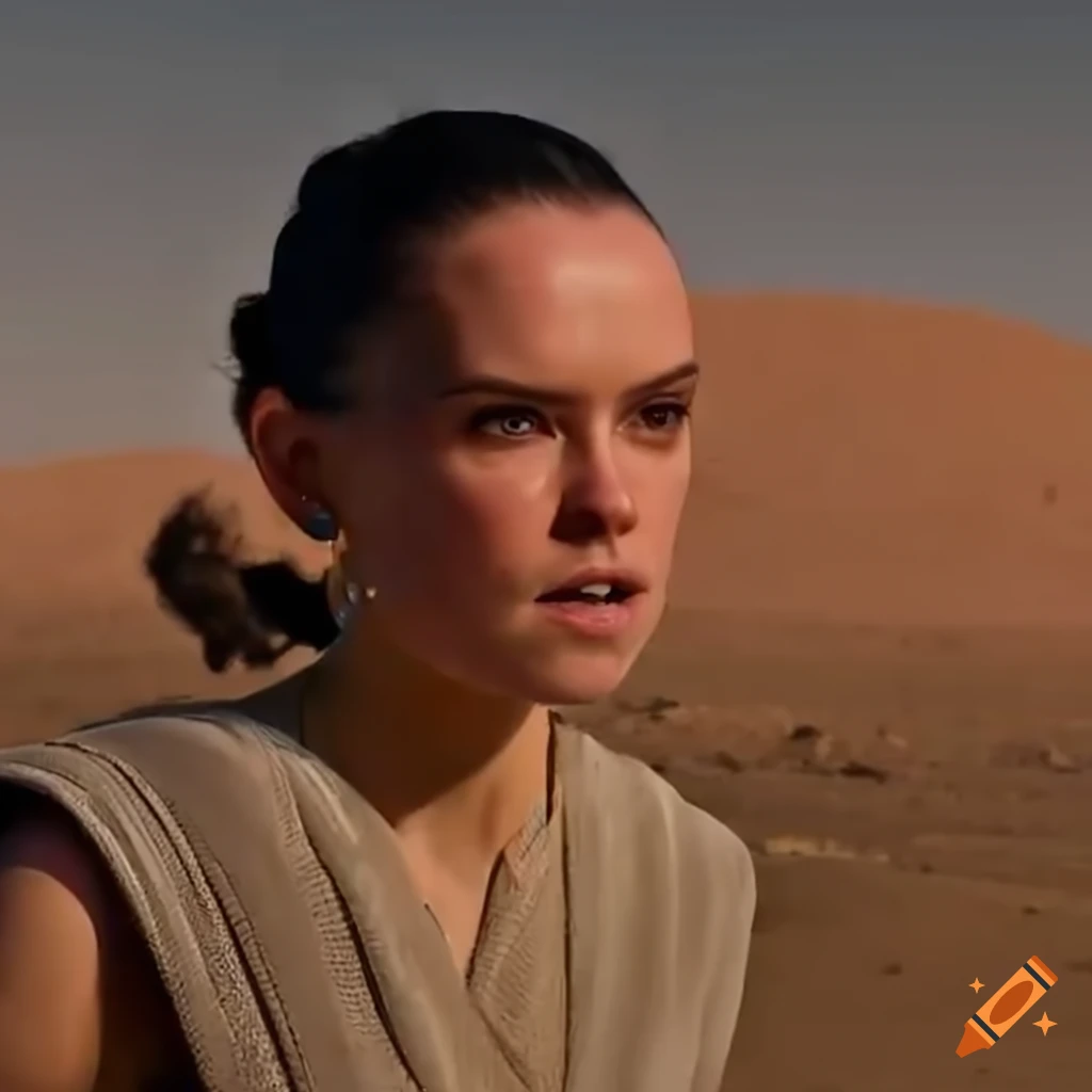A distraught Daisy Ridley as Rey kneeling in a destroyed desert village ...