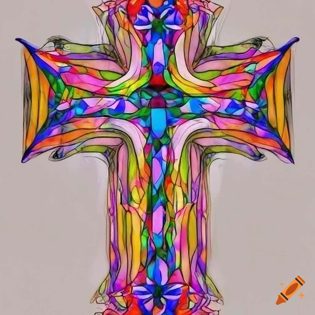 A cross with vibrant colors in a stained glass style on Craiyon