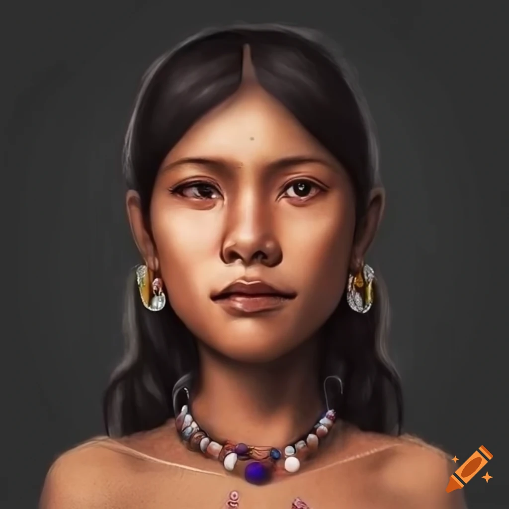 Rostro de mujer indígena en tonos monocromáticos (blancos, negros, grises) al estilo de rostros ...