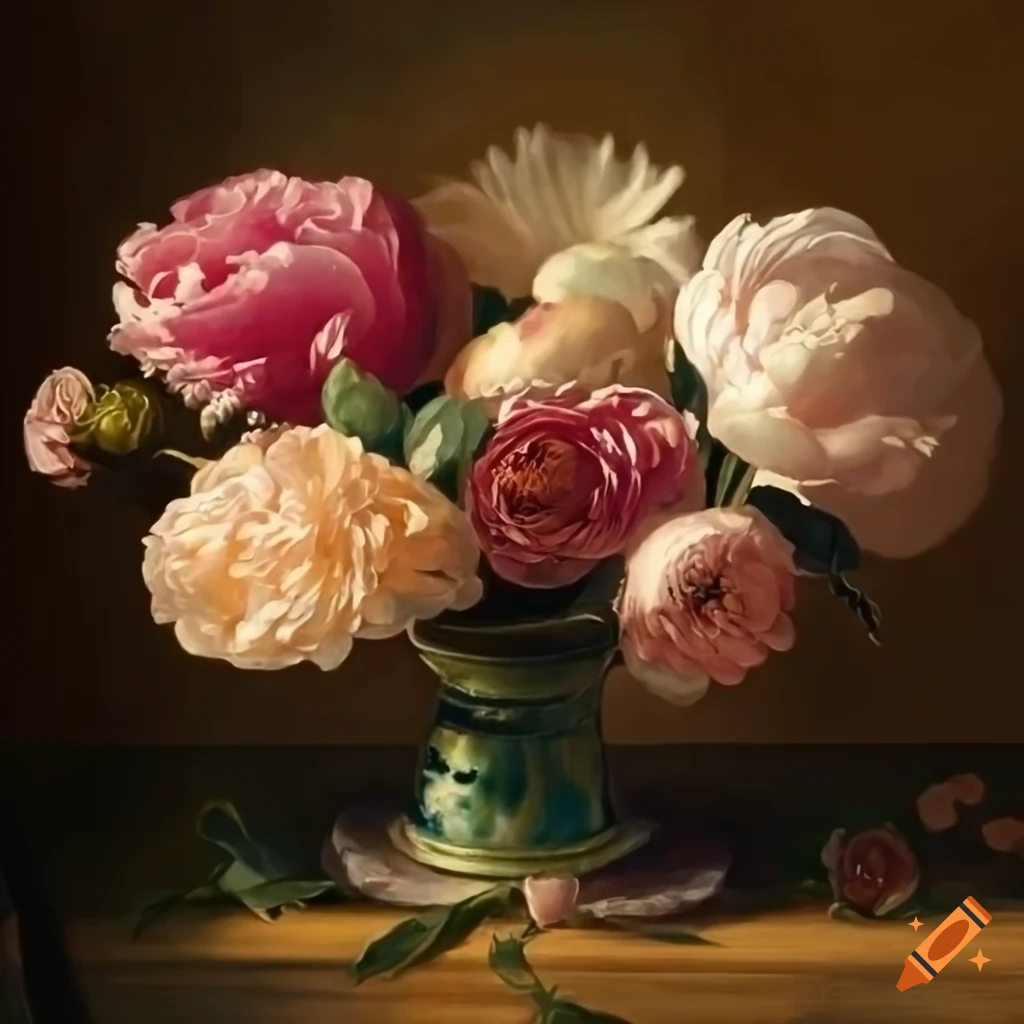 Renaissance still life large floral bouquet of pink peonies, ranunculus ...