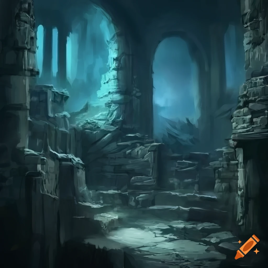Inside ruins at night, epic fantasy art