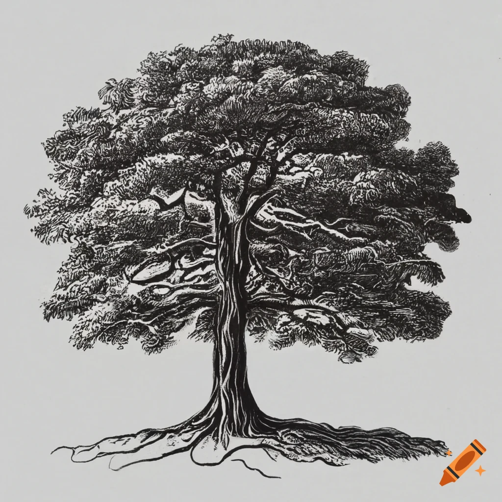 Intaglio etch of oak tree on Craiyon