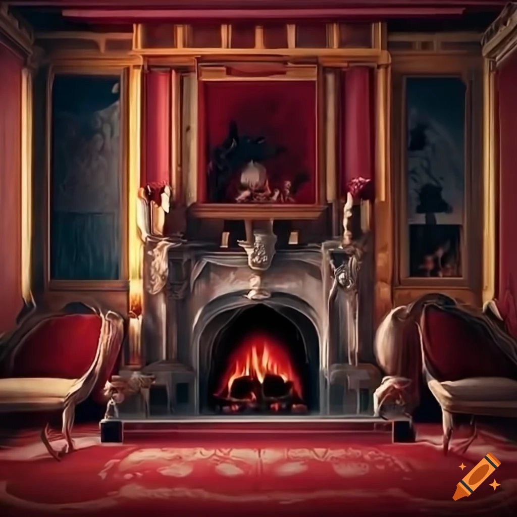 A cinematic fantasy art of a big salon woth a fireplace in the middle ...