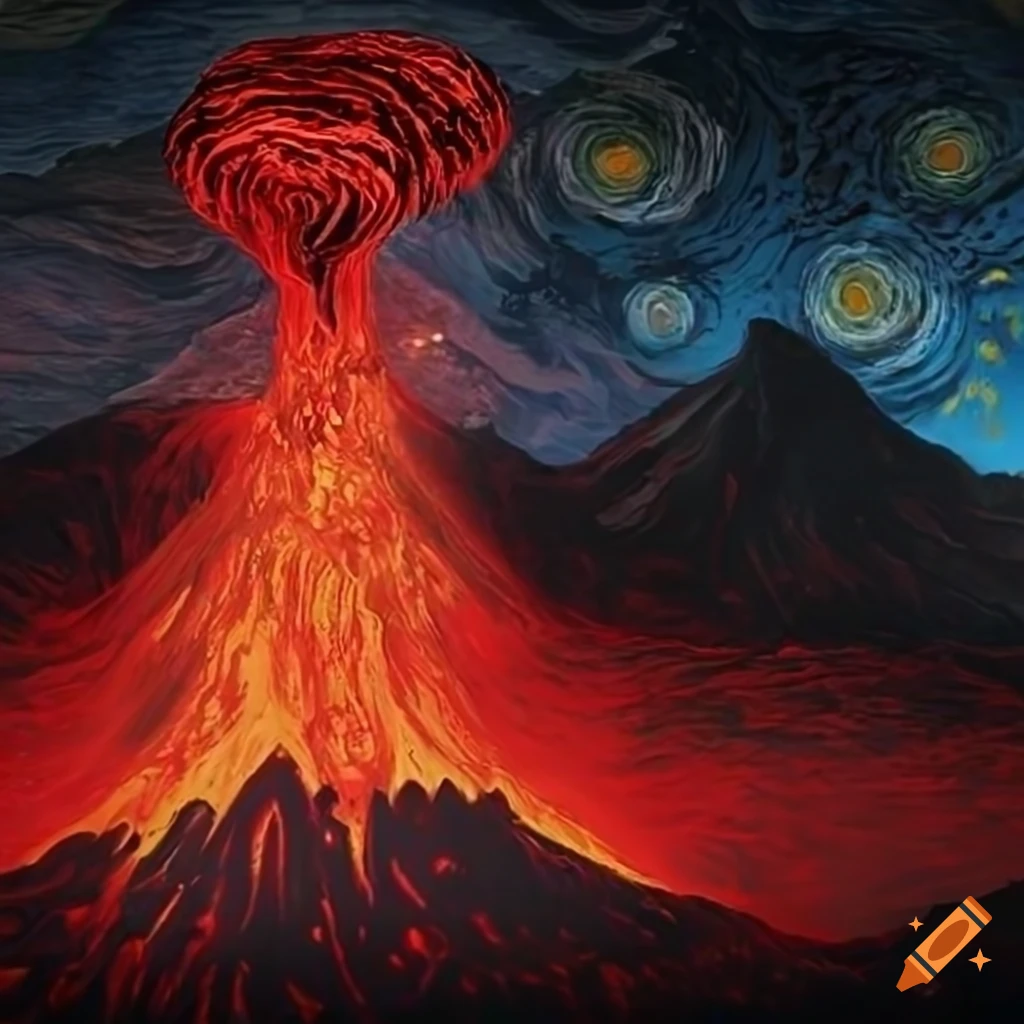 3-d model, volcano and lava, red, black and fancy, inspired by Vincent ...
