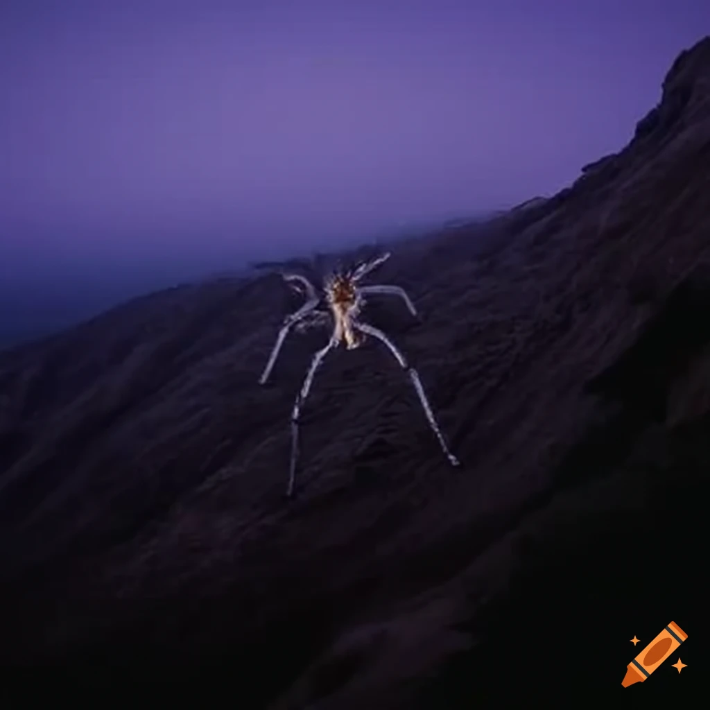 A giant spider walking along a hilltop that is far away in southern ...
