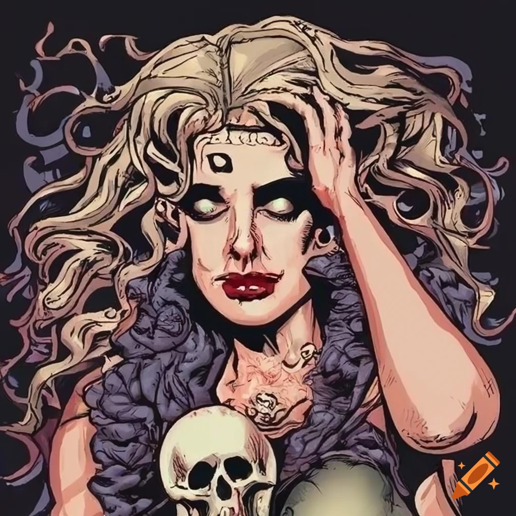 Pythia holding a skull retro comic art