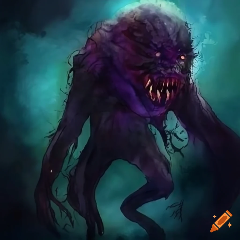 Ghostly supernatural wind monster, savage fangs, with bright glowing ...