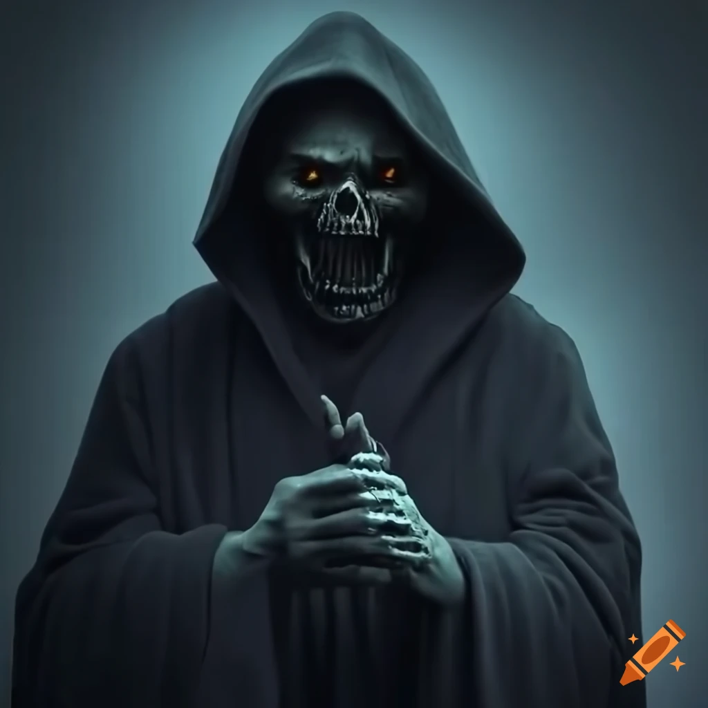 The grim reaper holding his boney right hand index finger up to his ...