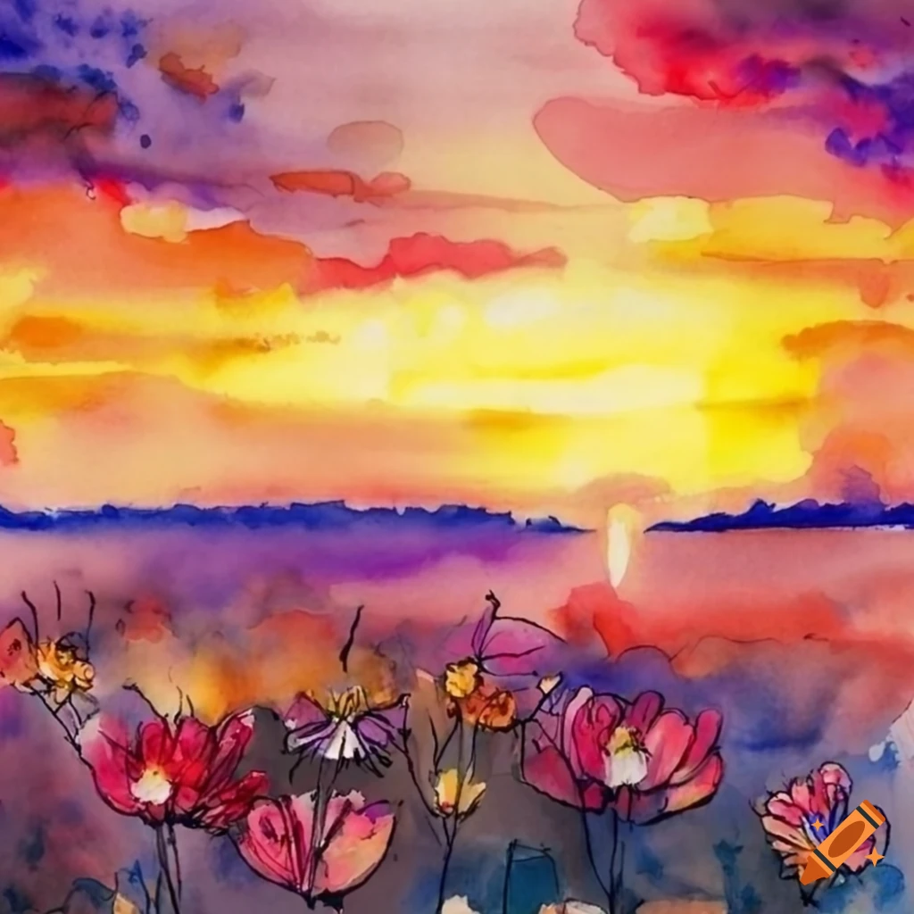 Flower field in sunset in watercolour