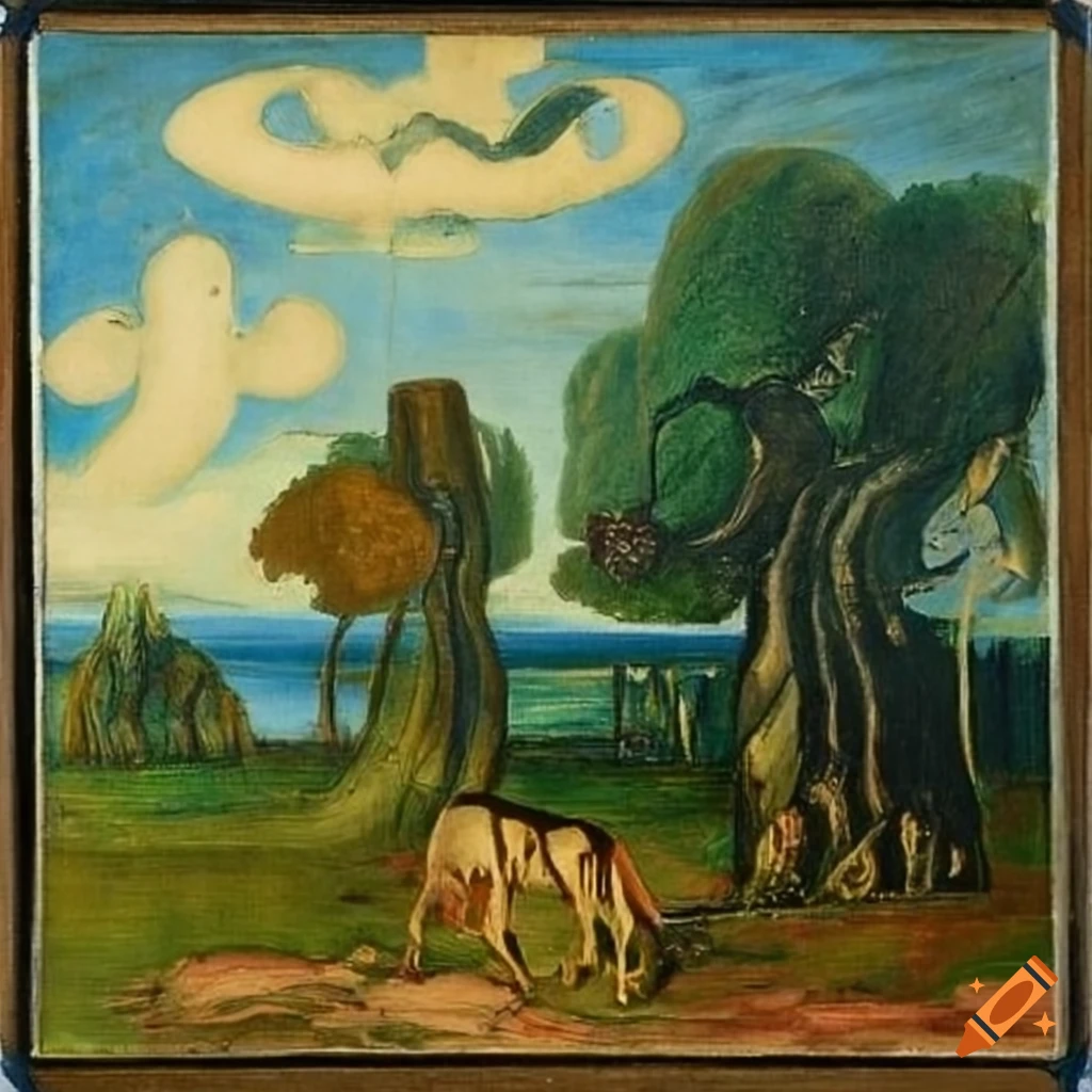 Painting of a landscape with animals, trees, water and clouds by Max ...