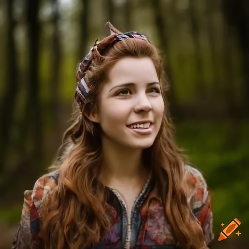 Horizon, aloy young woman, portrait, smiling, in front of a forest ...