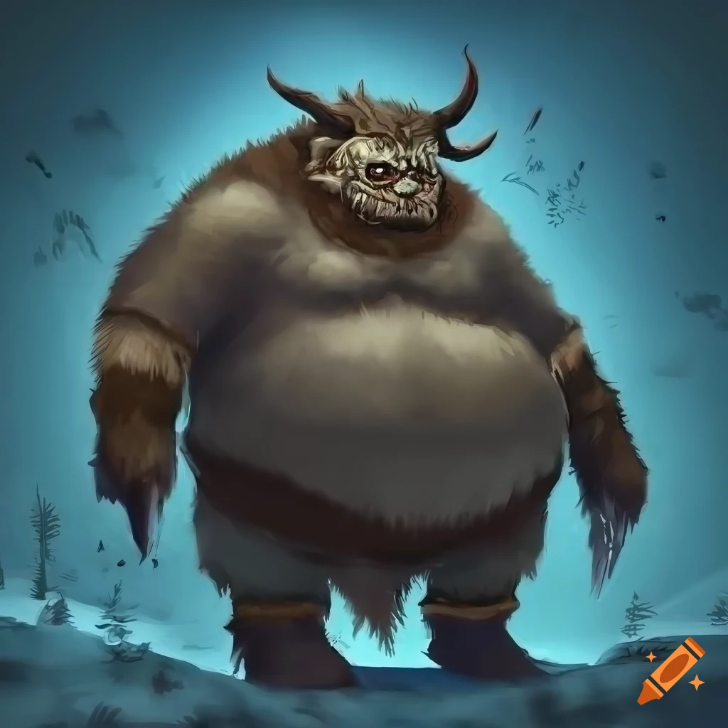 Fat troll with symmetrical horns, a huge nose, a leonine tail, brown fur and a large belly ...