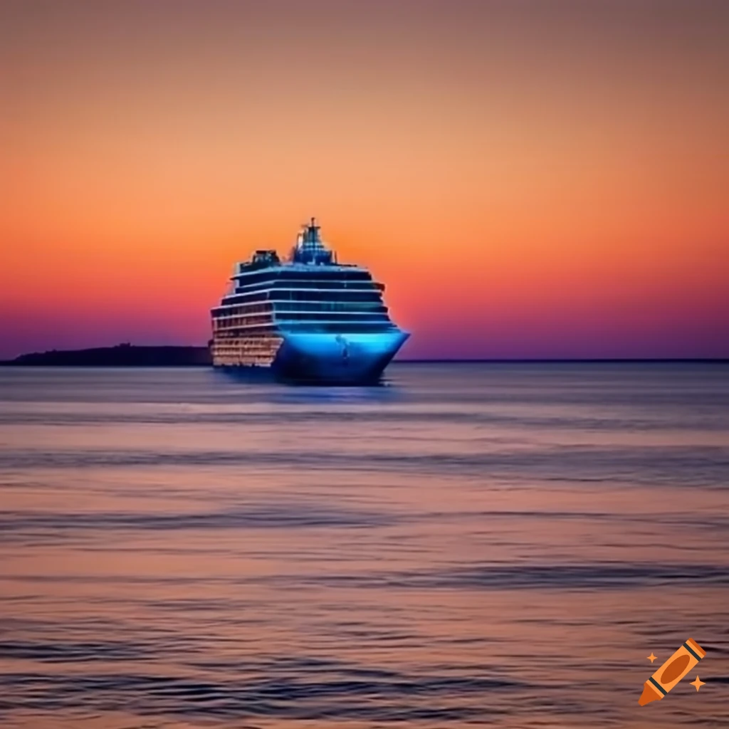 A cruise ship at sea in the sunset on Craiyon