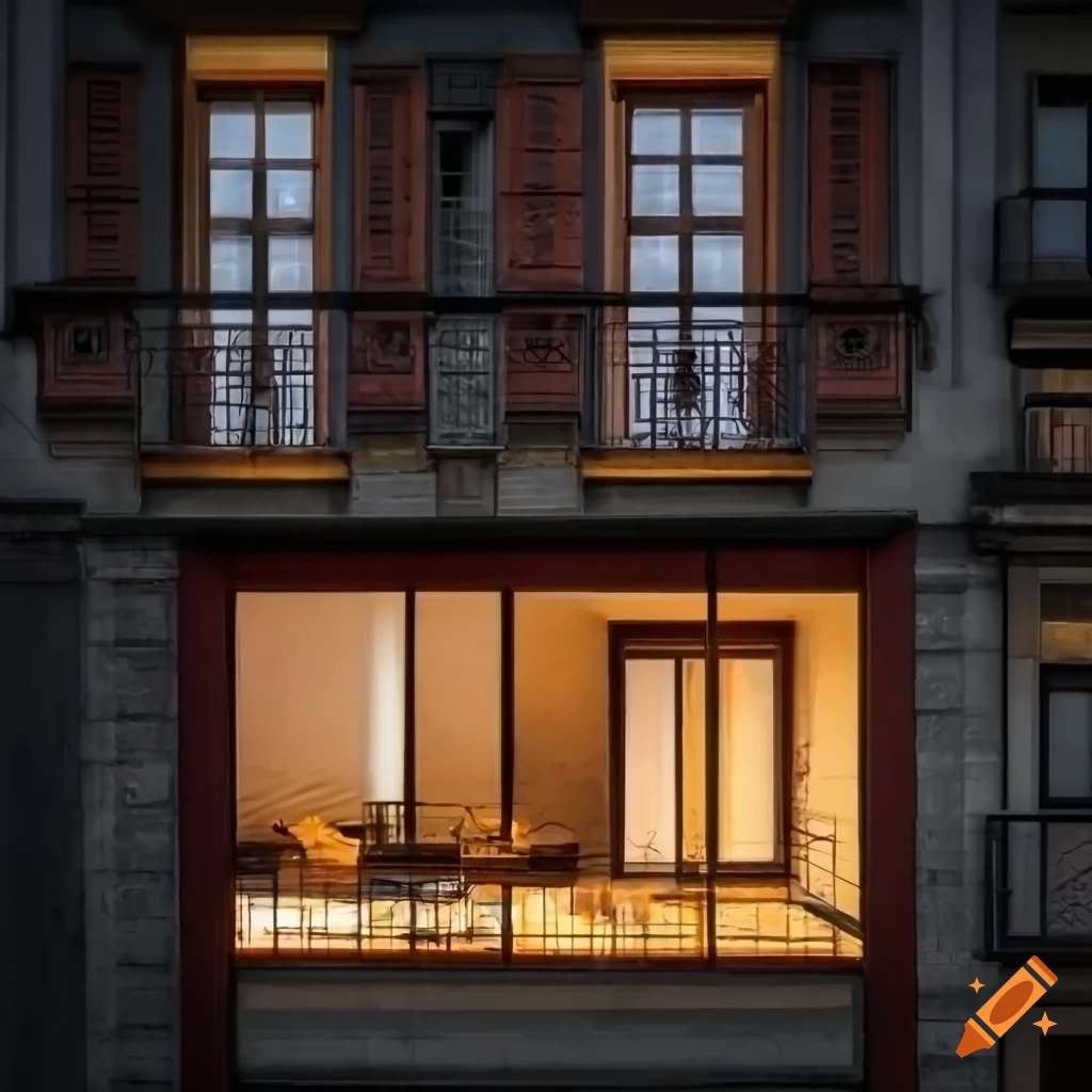 Foto de la fachada de una casa de dos pisos con un gato asomado en la ...