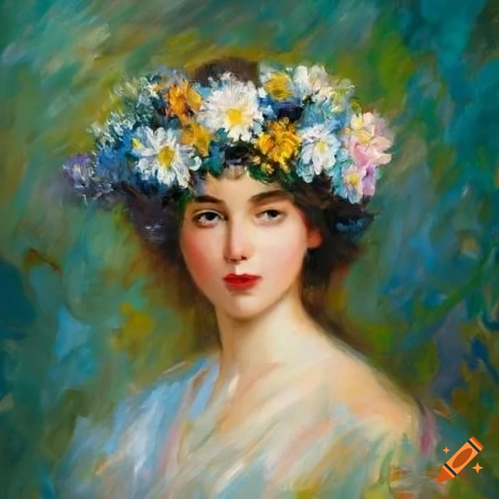 A graceful girl with a flower crown in a monet painting on Craiyon