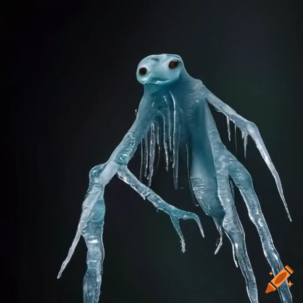 A scary ice beast made of thin transparent icicles. it's the shape of a ...