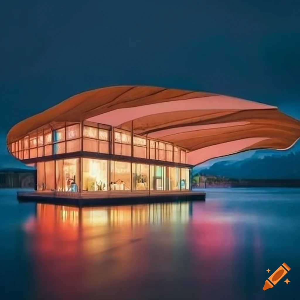 Exterior view of a riverside scandinavian cafe made of colored glass ...