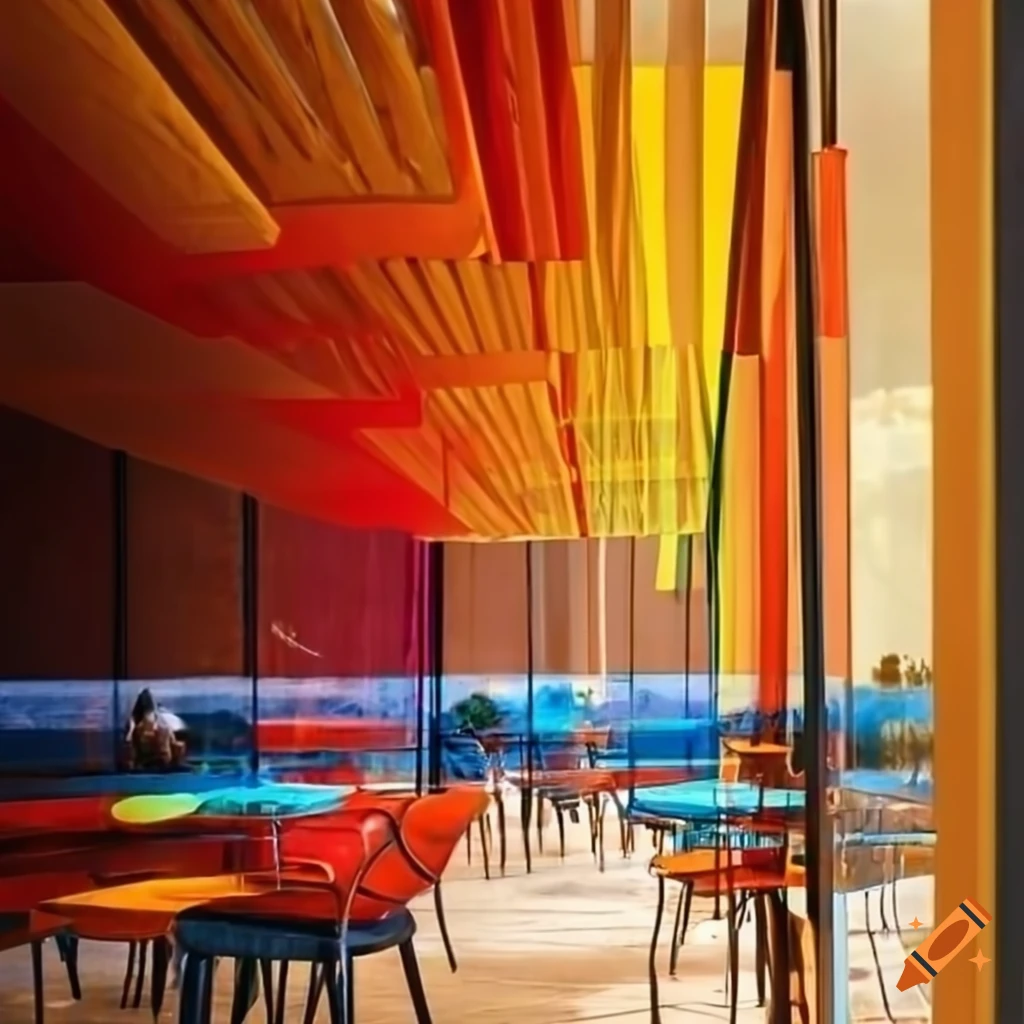 Riverside scandinavian cafe made of colored glass, sculptural fabric ...