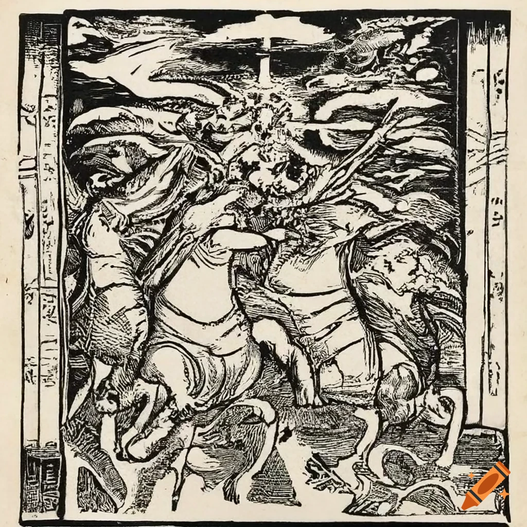 As a woodcut in black a white do a dramatic and intense celestial ...