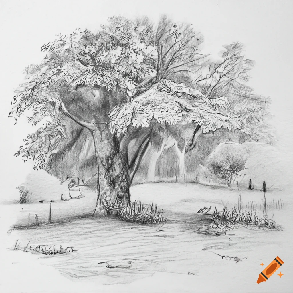 Peaceful woodland scene pencil sketch on Craiyon