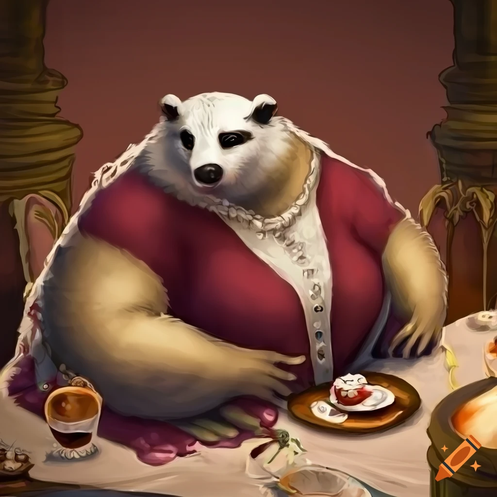 A fat gluttonous anthro badger wearing a royal robe and jewellery ...