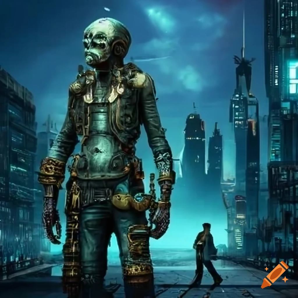 Steampunk alien standing in cyberpunk futuristic city on Craiyon
